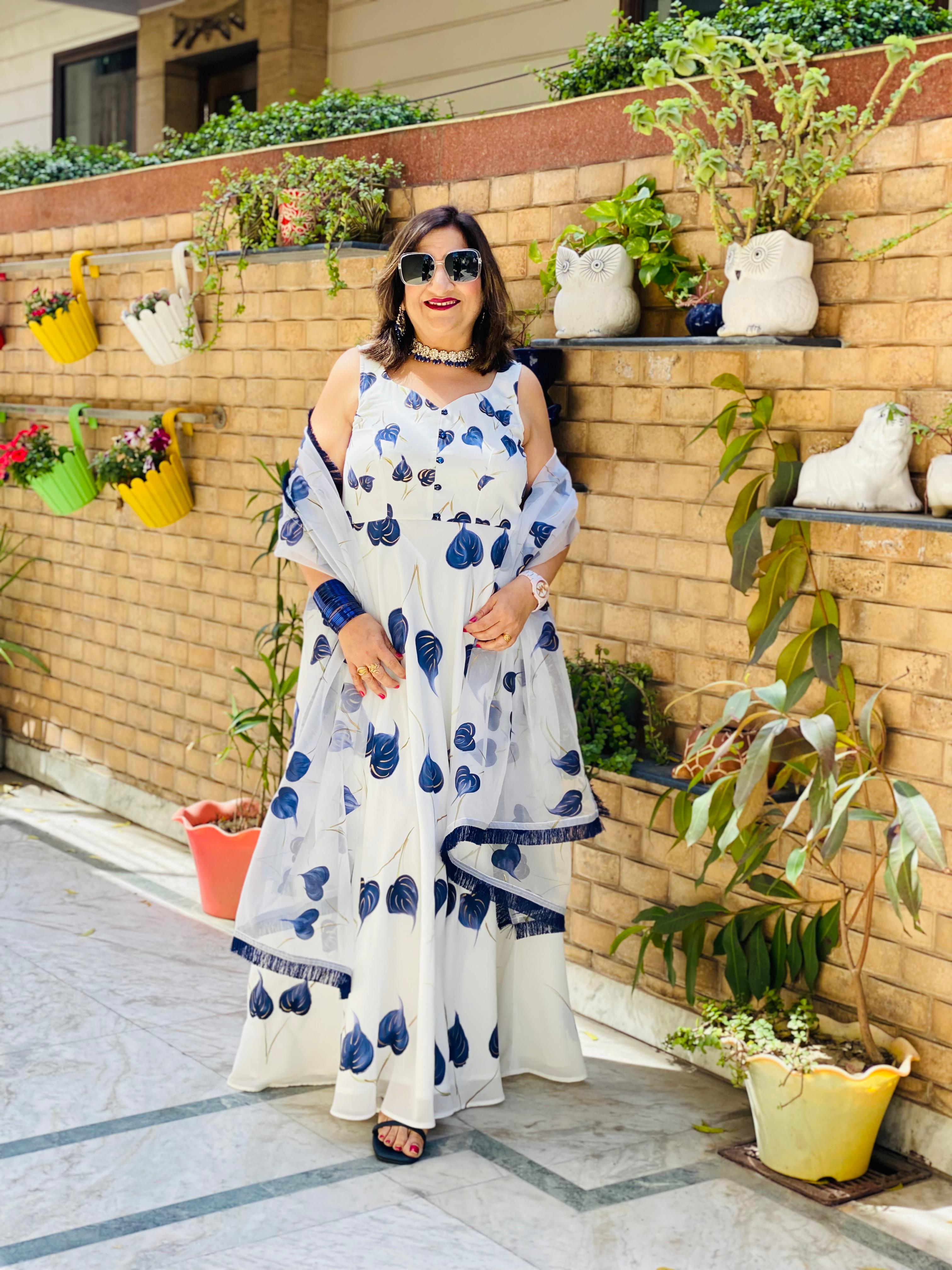 Blue White Leaf Handpainted Anarkali – Lakhina Couture