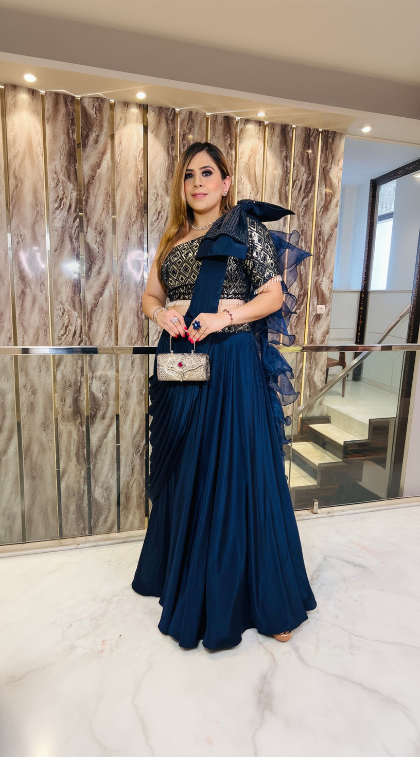 Navy Blue Bow Lehenga – Lakhina Couture