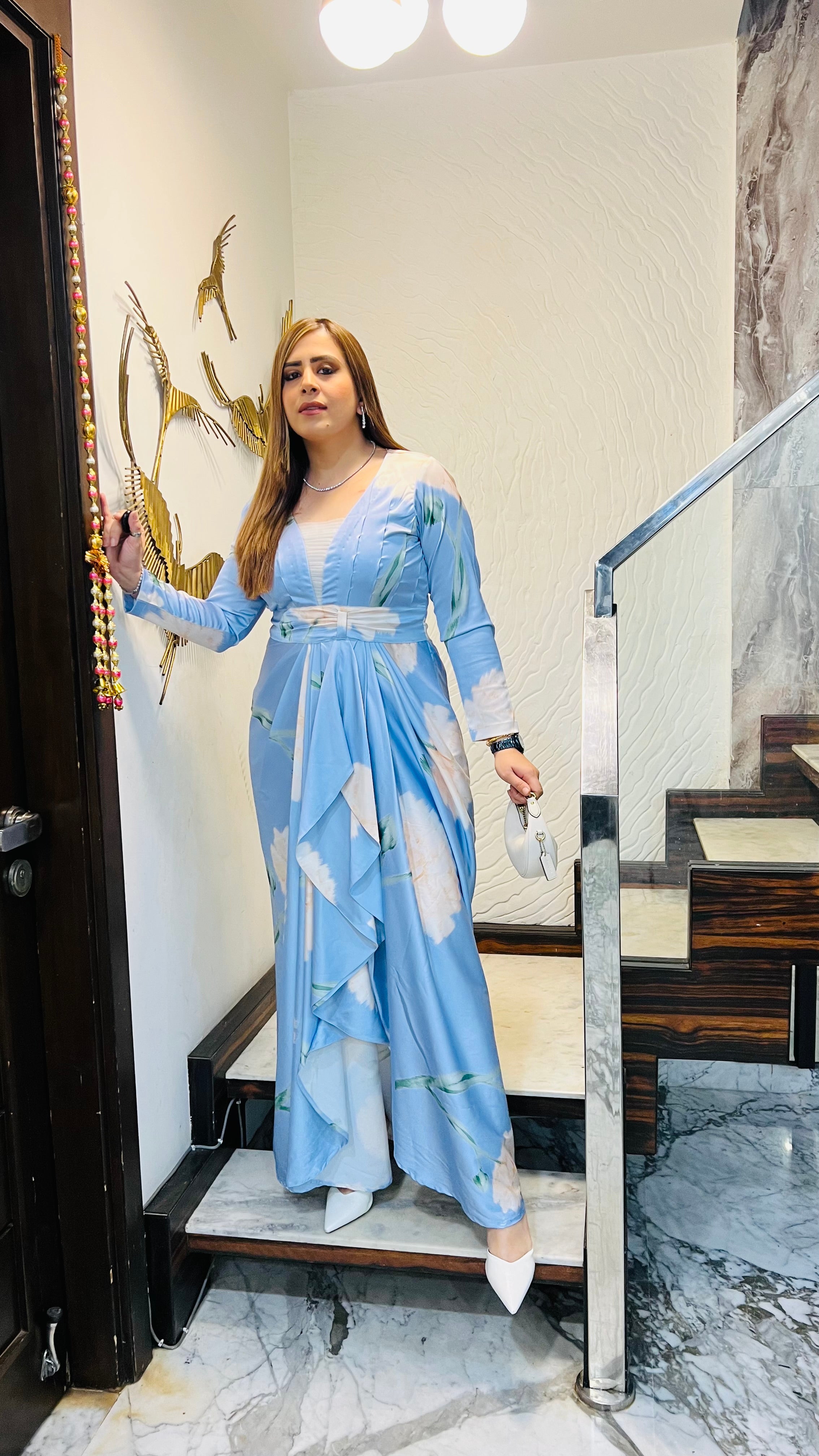 Pearl in sky drape dress – Lakhina Couture