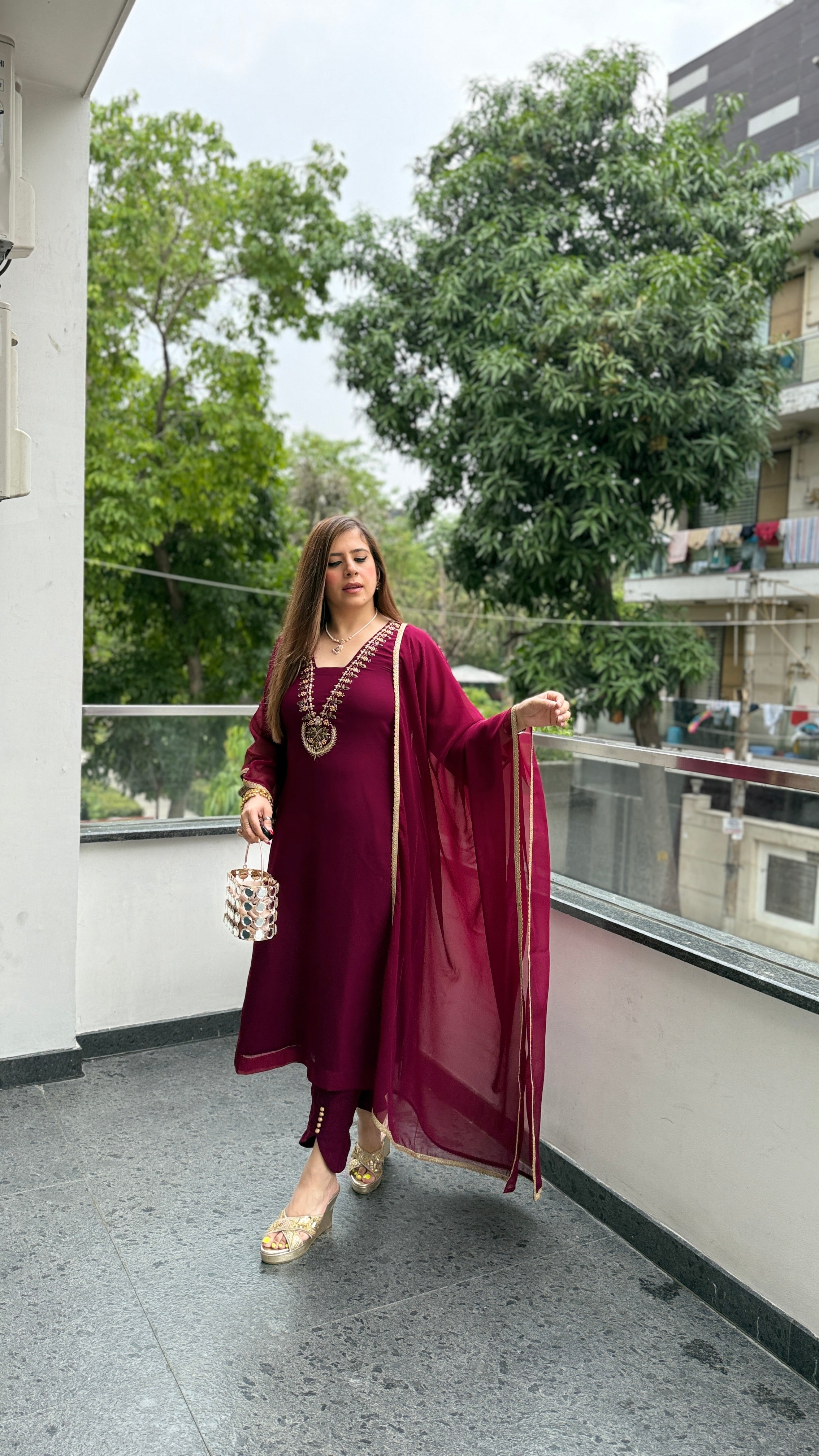 Wine Neckpiece Suit – Lakhina Couture