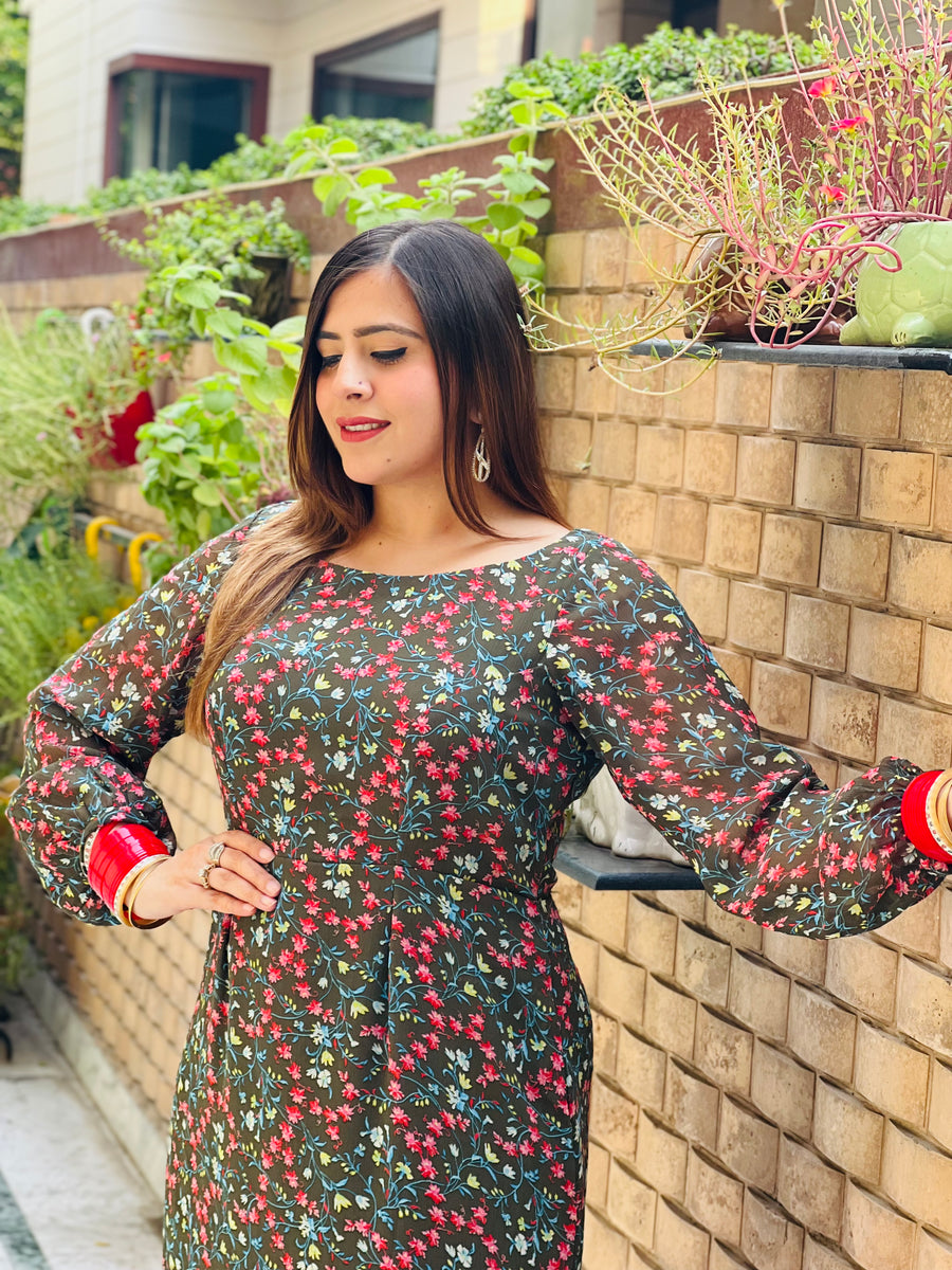 Olive Green Floral Maxi – Lakhina Couture