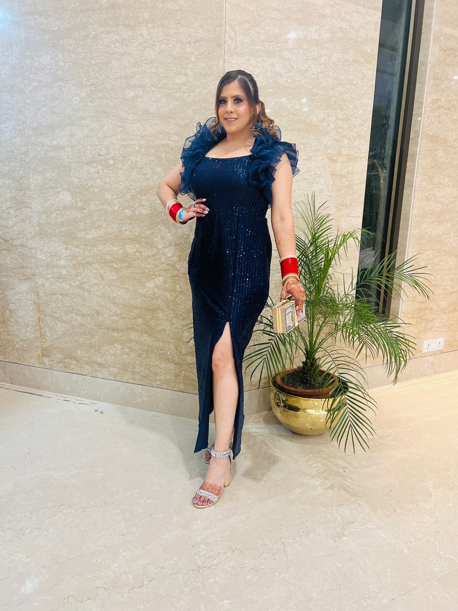 Navy Blue Sequin Gown – Lakhina Couture