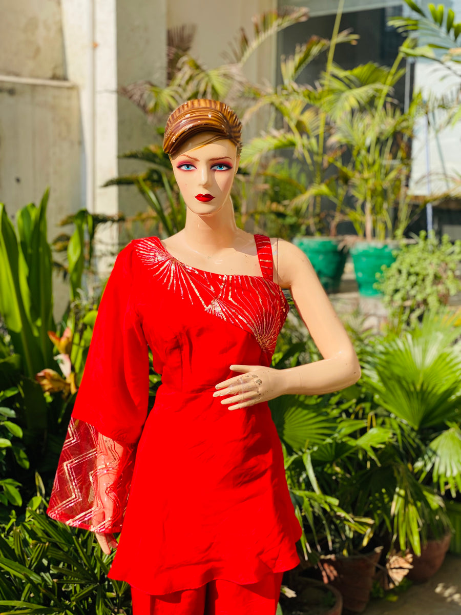 Red Embroidered Co-Ord Set – Lakhina Couture