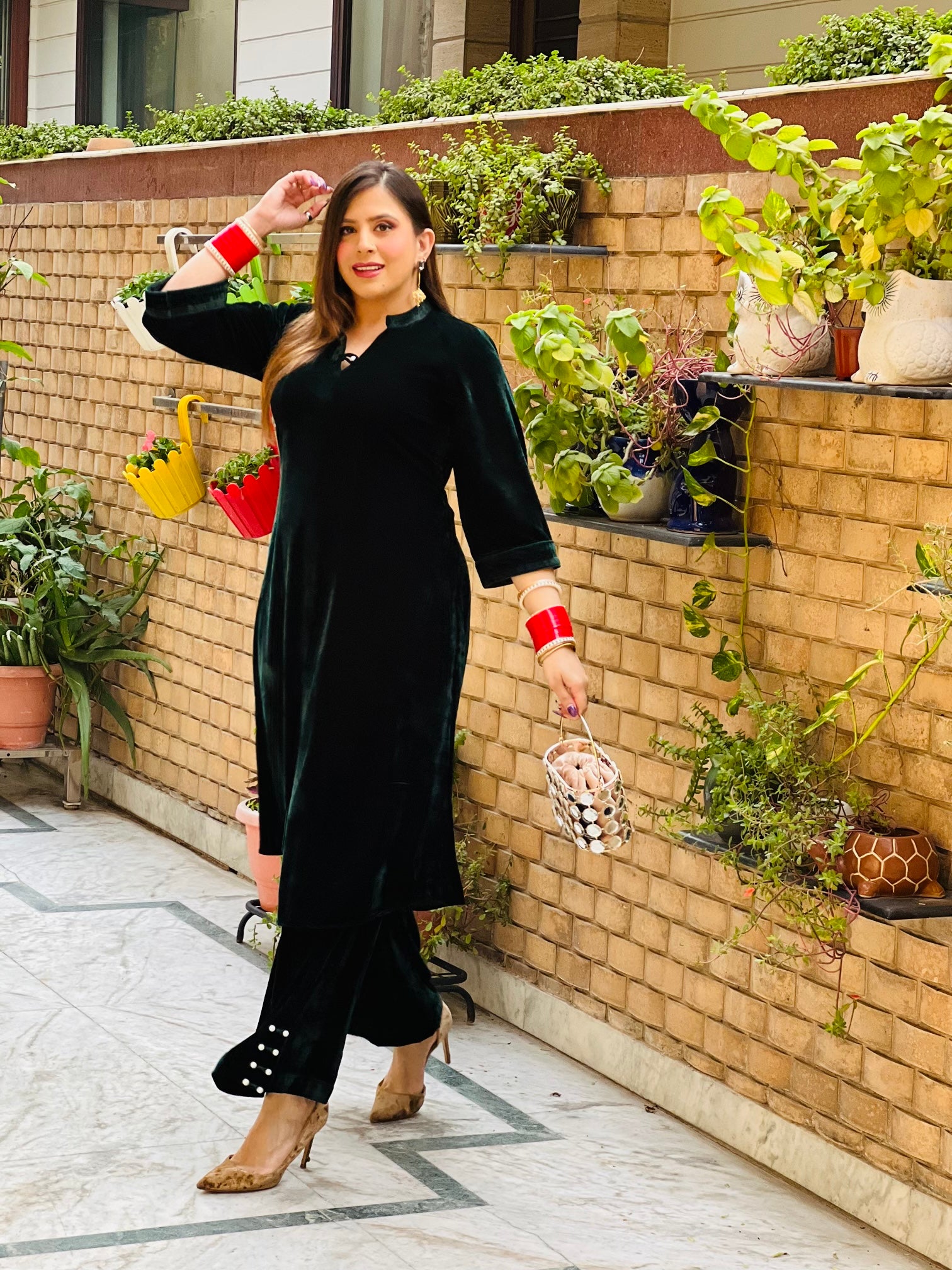 Bottle Green Velvet Co-Ord – Lakhina Couture