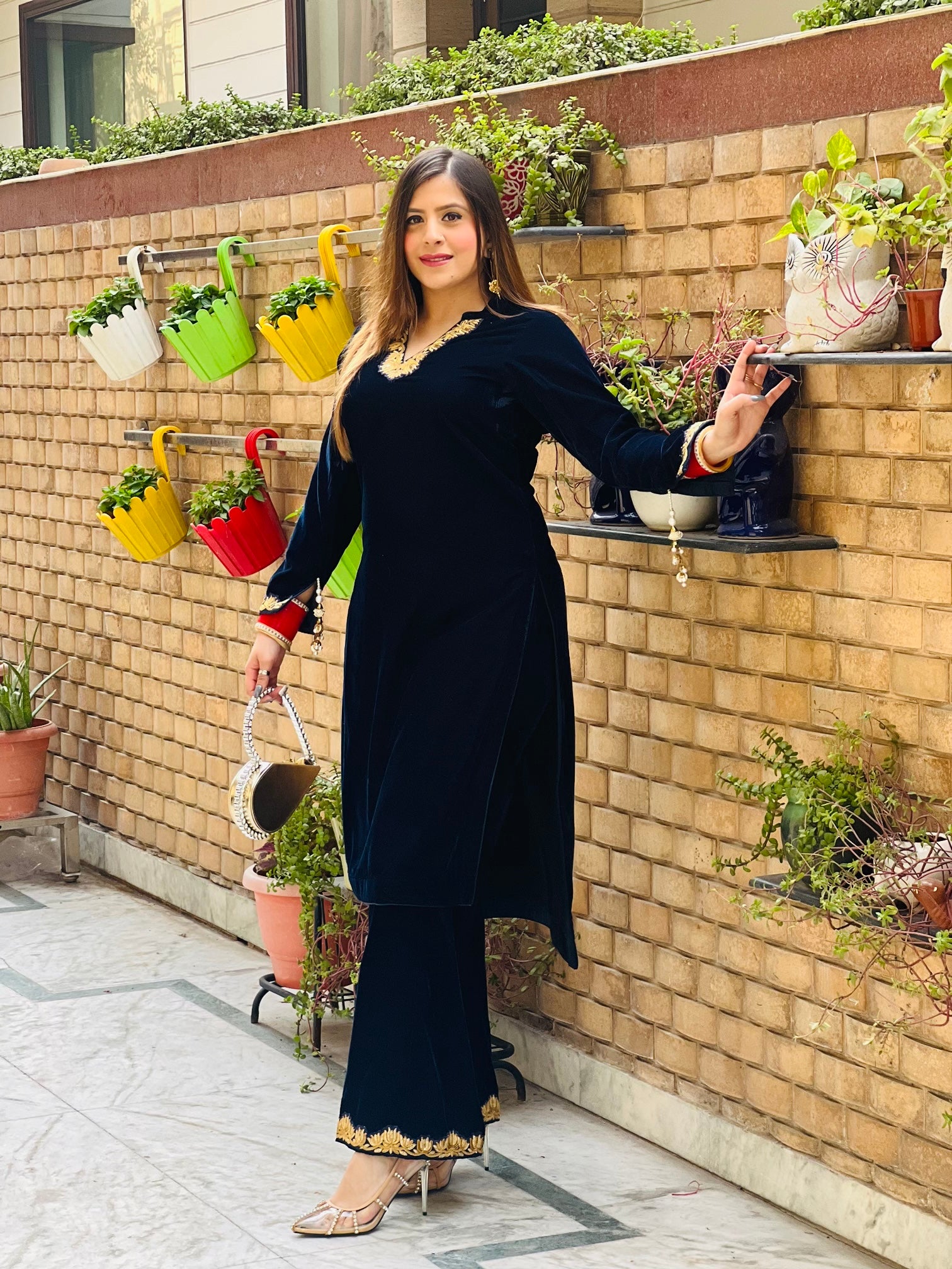 Navy Blue Velvet Lotus Co-Ord – Lakhina Couture