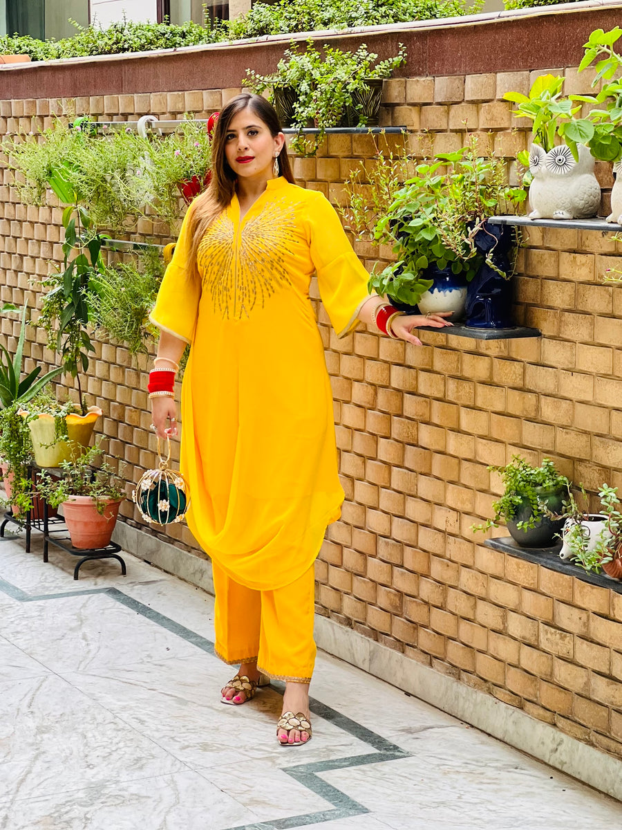 Yellow Embroidered Drape Suit – Lakhina Couture
