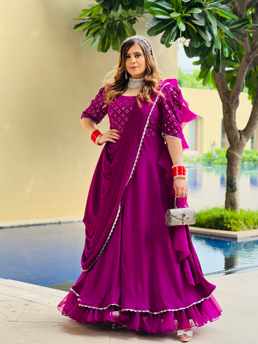 Purple Karvachauth Drape – Lakhina Couture
